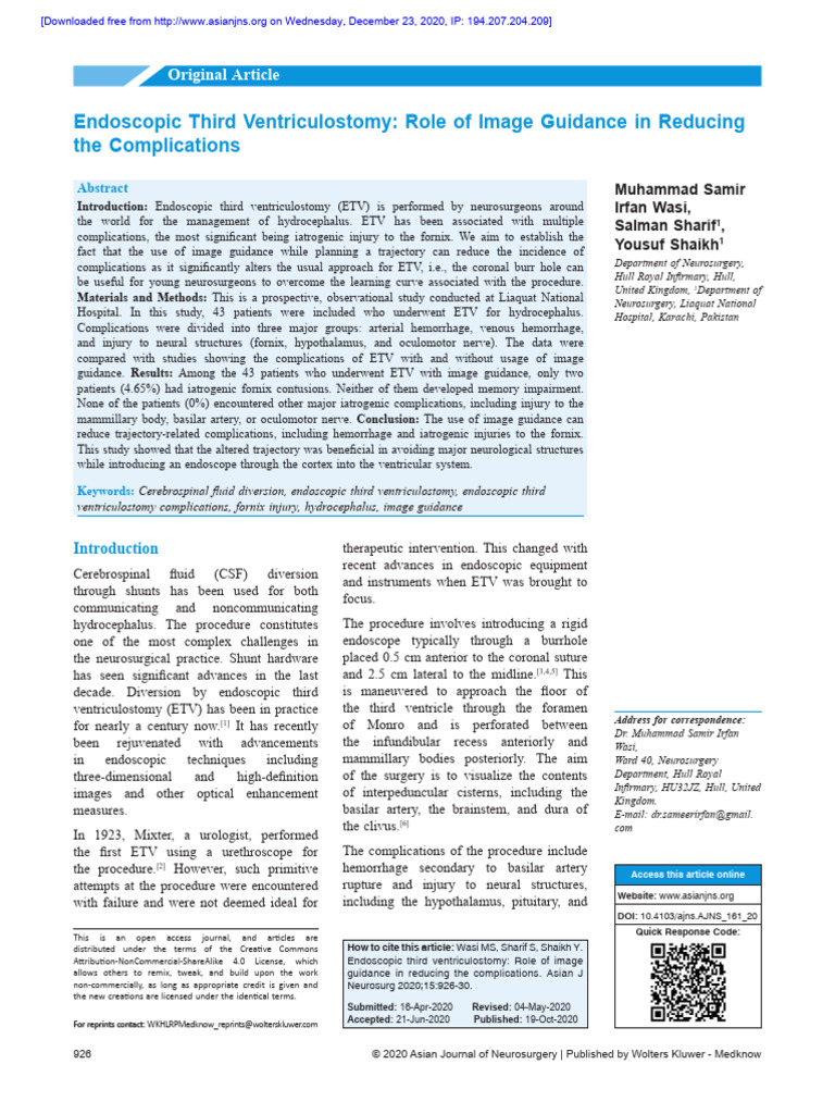Image Guidance in Endoscopic ETV Complications | PDF | Clinical ...