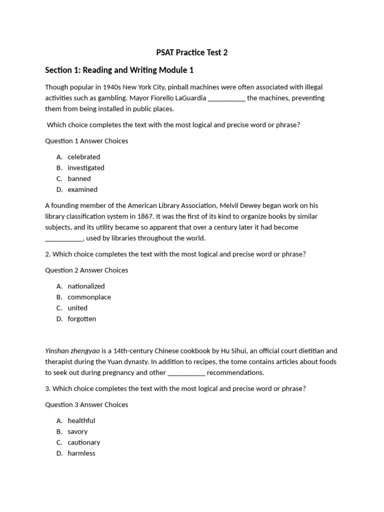 PSAT Practice Test 2: Reading & Writing | PDF | Pain | Radiocarbon Dating