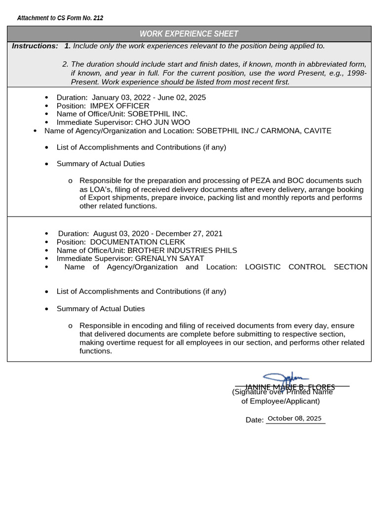 ANNEX H-2 - CS Form No. 212 Attachment - Work Experience Sheet | PDF