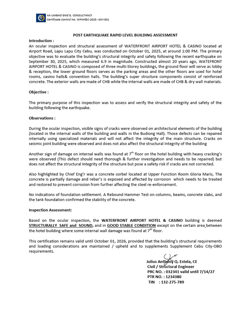 Post-Earthquake Building Assessment Report | PDF | Concrete | Building ...