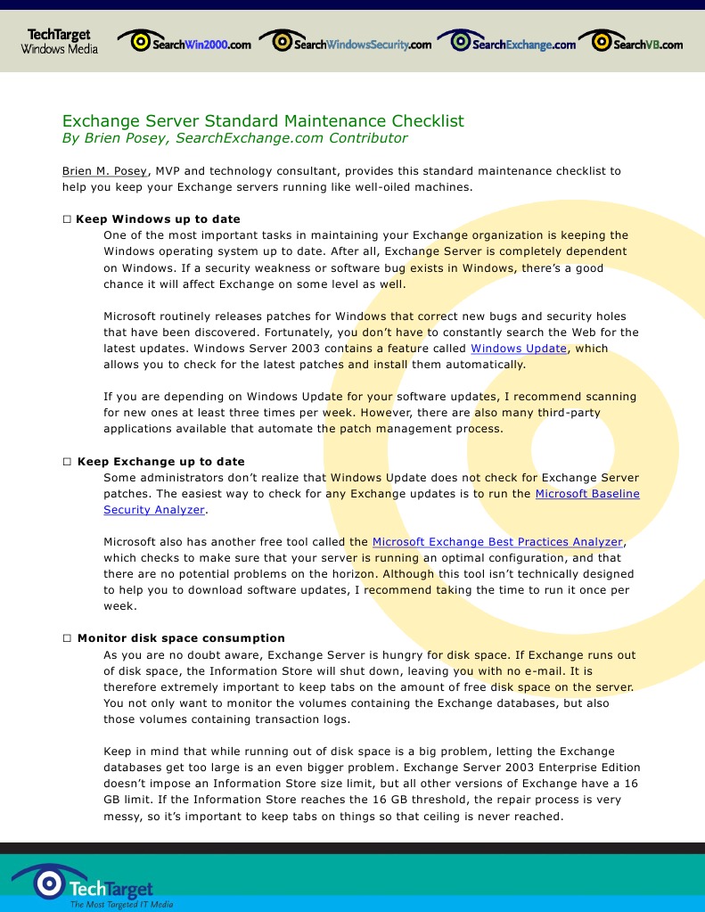 Exchange Maintenance Checklist | PDF