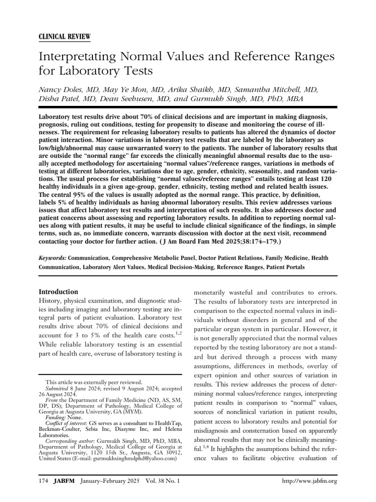 Interpretating Normal Values and Reference Ranges For Laboratory Tests ...