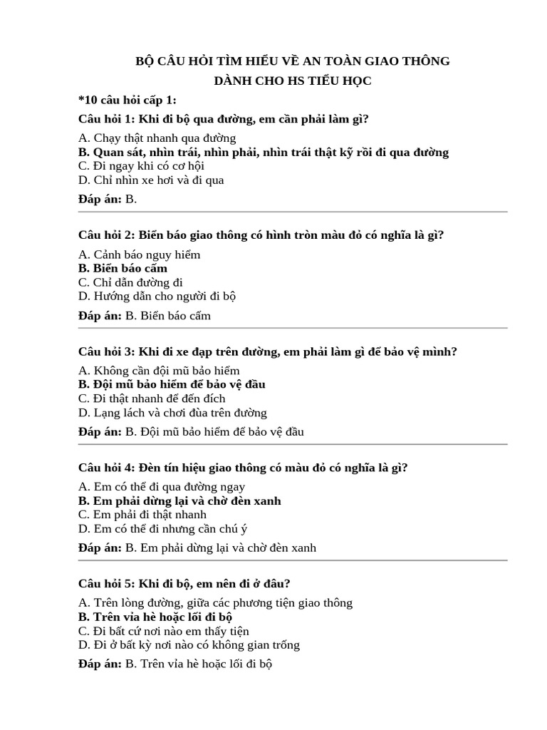 Bộ Câu Hỏi Thi Tìm Hiểu Về ATGT Cấp 1 | PDF