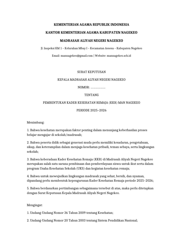 SK Kader Kesehatan Remaja MAN Nagekeo Kop TTD 2025 2026 | PDF