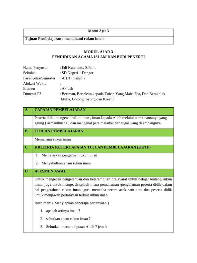 Modul Ajar 3 Kls 1 Ok | PDF