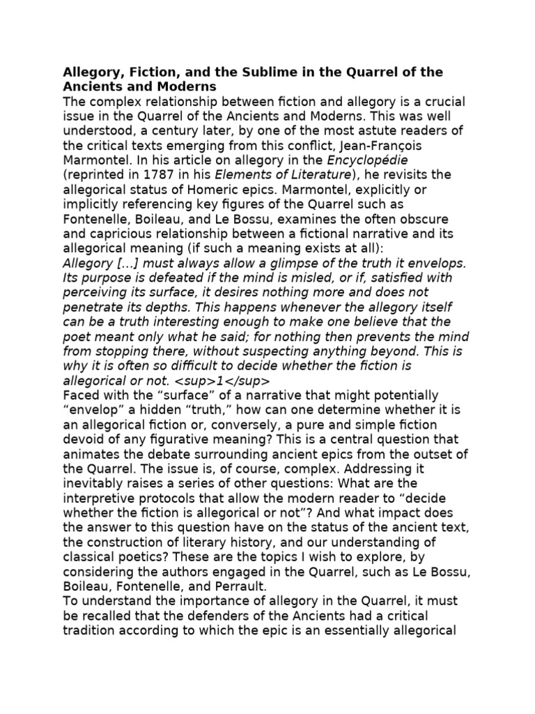Allegory, Fiction, and The Sublime in The Quarrel of The Ancients and ...