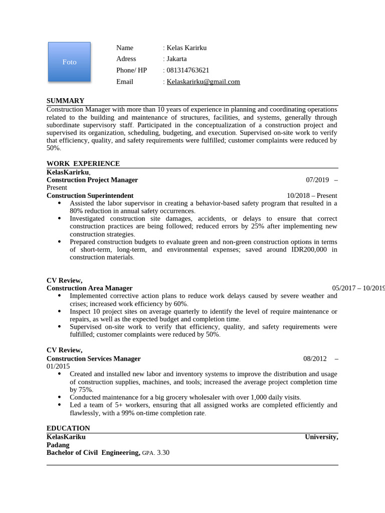 Template CV ATS Construction Project Manager | PDF | Building Information Modeling | Safety