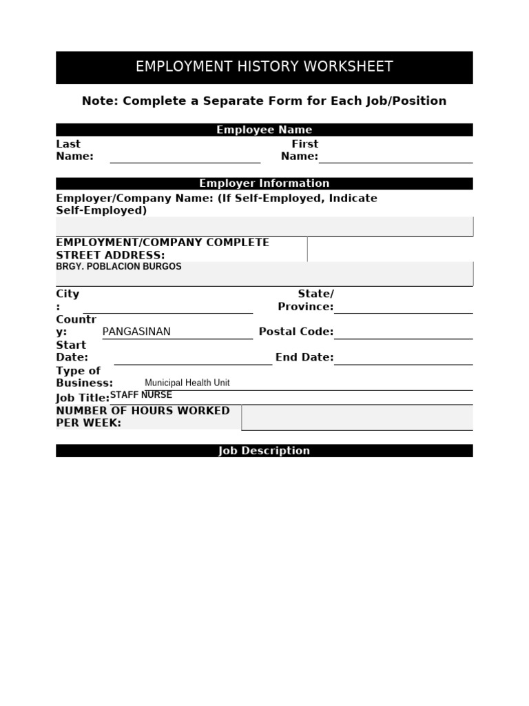 Employment History Worksheet Template | PDF