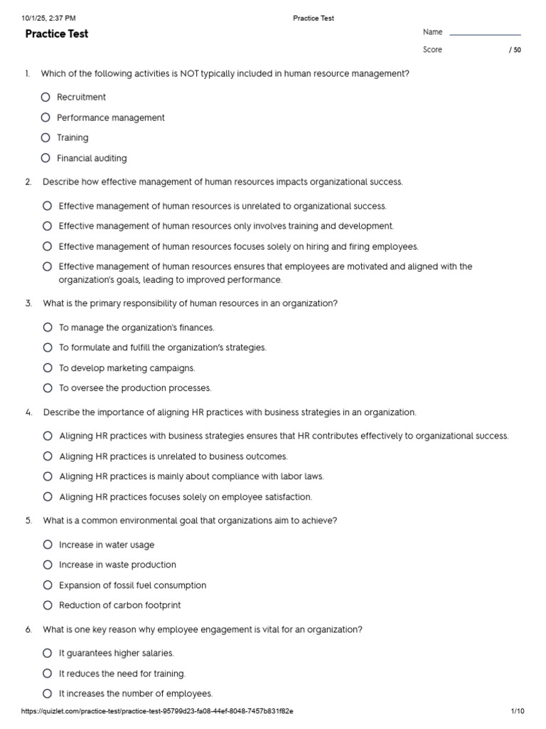 Human Resource Management Practice Test | PDF | Human Resource ...