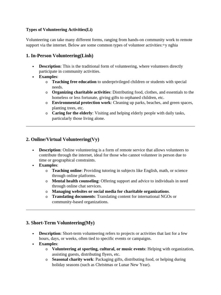 Types of Volunteering Activities Explained | PDF | Volunteering