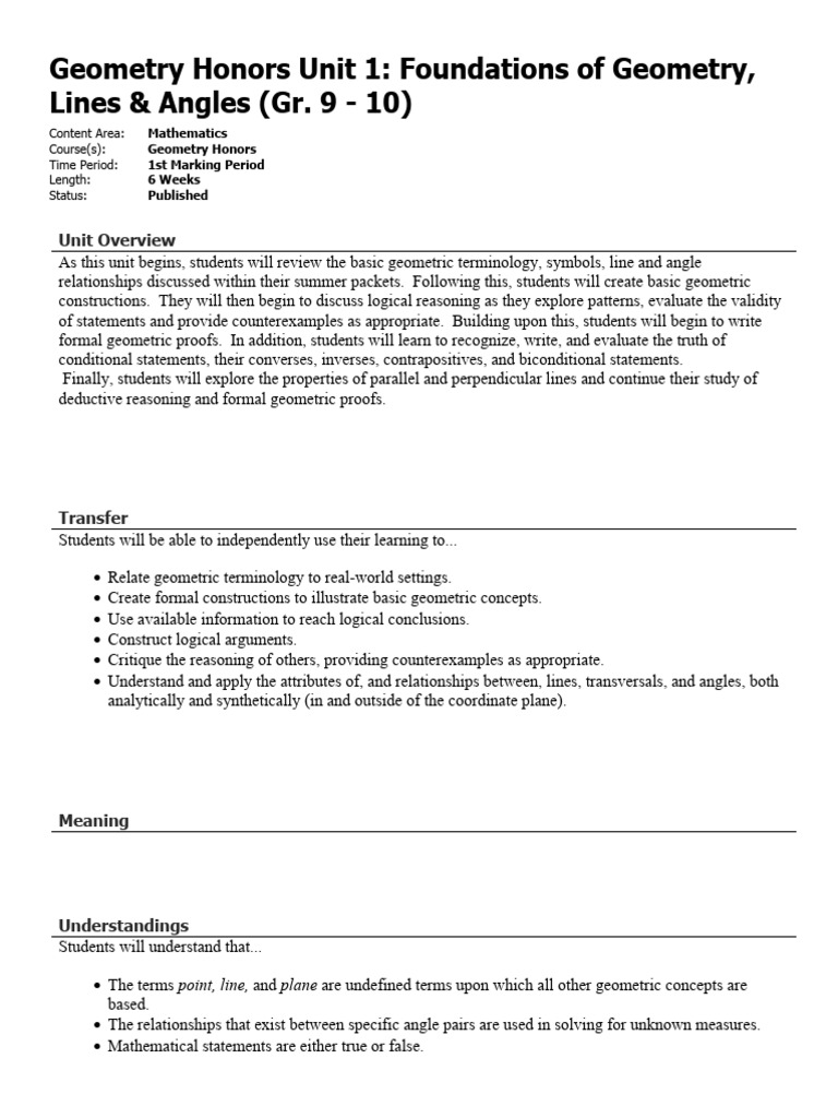 Unit - Geometry Honors Unit 1 - Foundations of Geometry, Lines & Angles ...