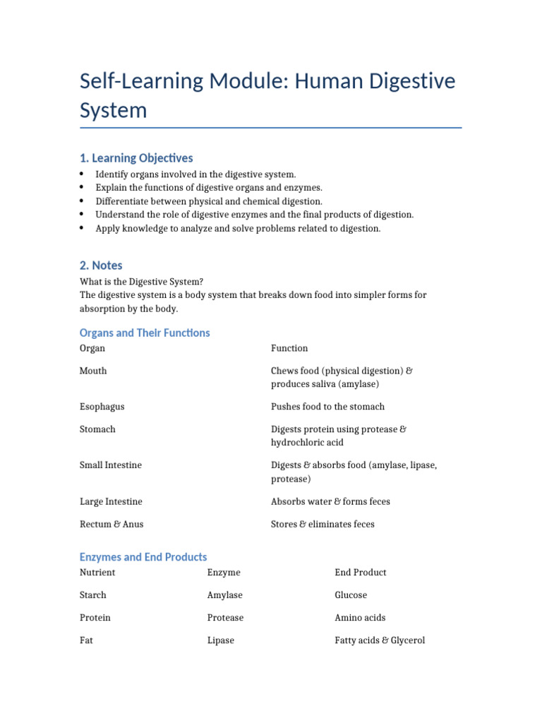 Self Learning Module Human Digestive System English | PDF | Digestion ...