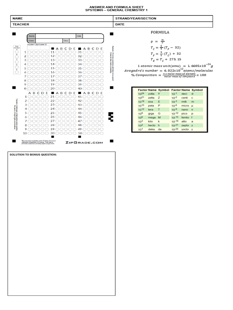 SPSTEM5 First Quarter Summative Test - Answer and Formula Sheet | PDF