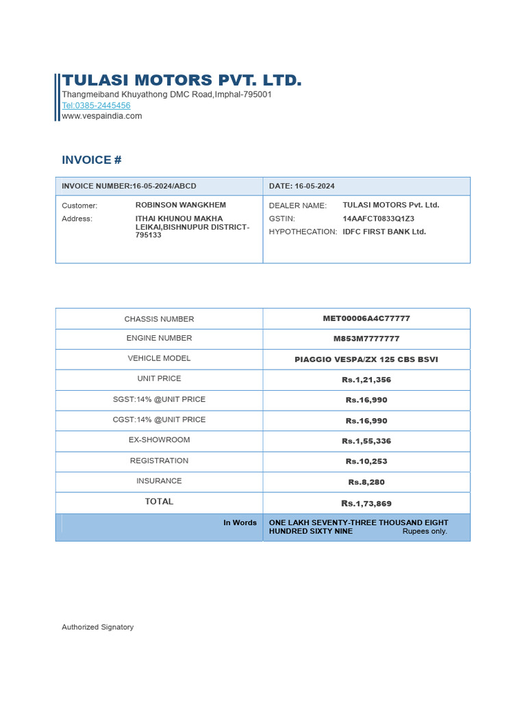 Vespa ZX 125 Invoice - Tulasi Motors | PDF