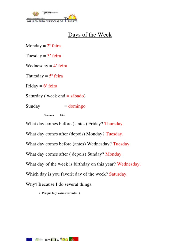 Days of the Week and Food Vocabulary | PDF