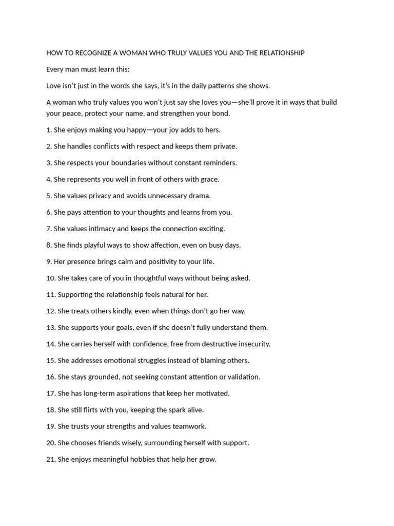 How To Recognize A Woman Who Truly Values You and The Relationship | PDF