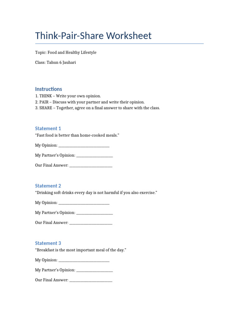 Think Pair Share Worksheet 10 Blank | PDF