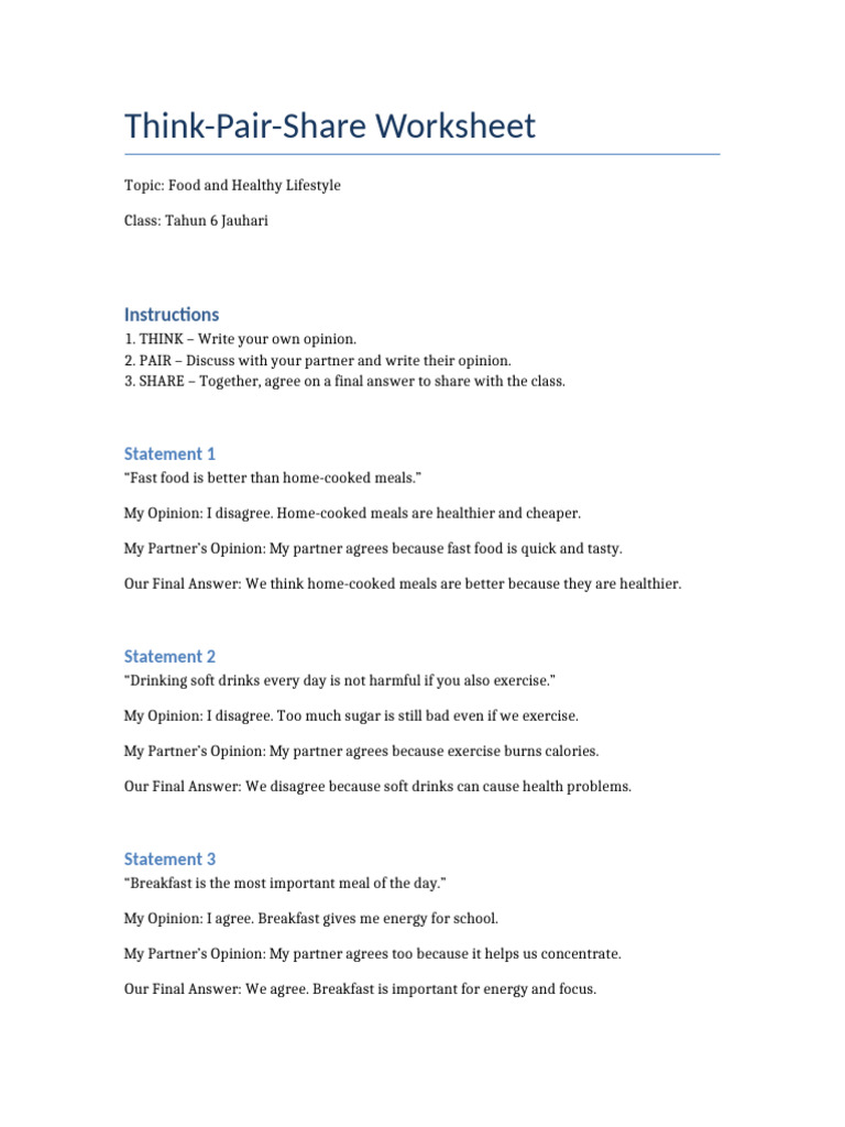 Think Pair Share Worksheet | PDF