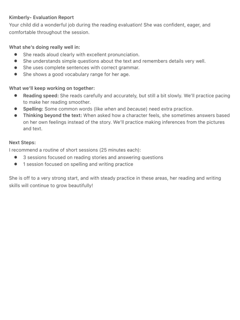 Kimberly's Reading Evaluation Report | PDF