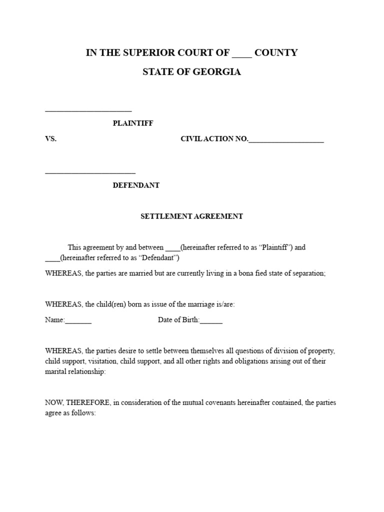 Georgia Separation Settlement Agreement | PDF | Child Support | Child ...