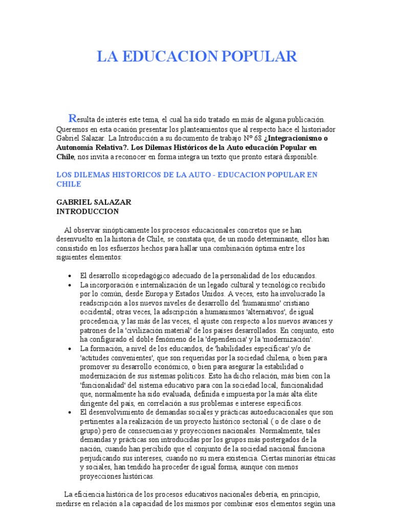 La Educacion Popular en Chile | PDF | Chile | Sociedad