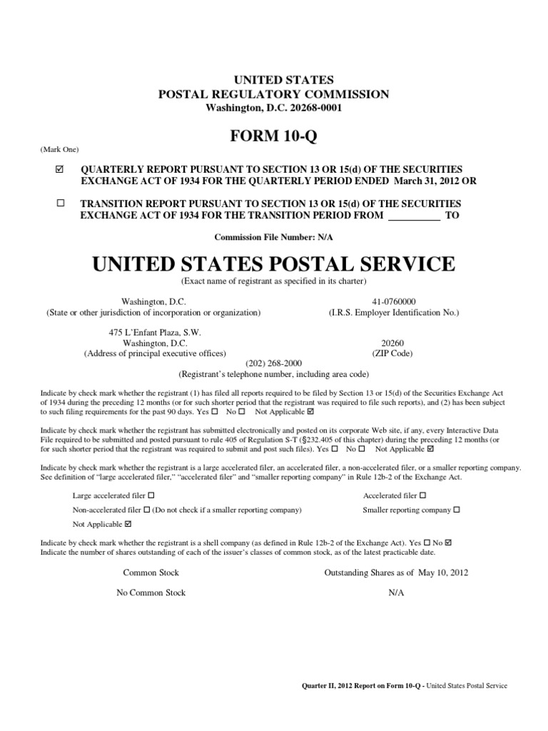 USPS 10Q 2nd Quarter | PDF | United States Postal Service | Retirement