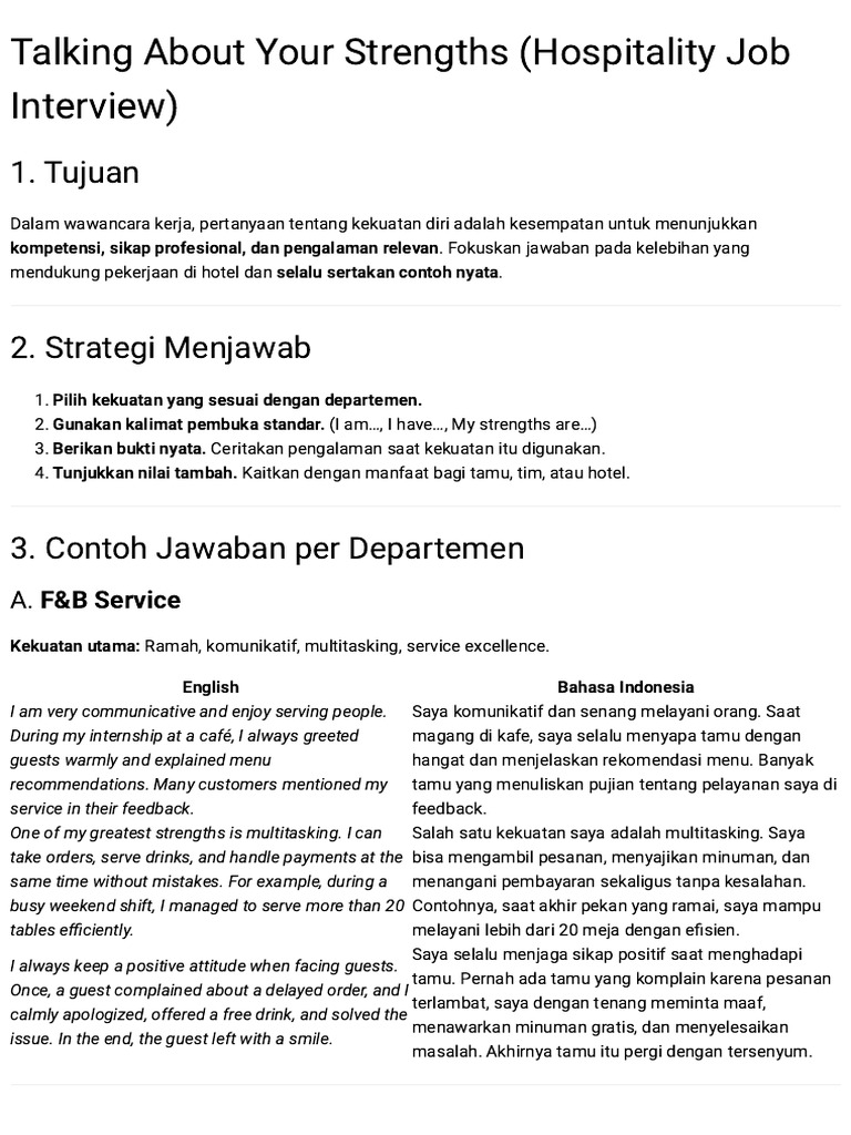 Talking About Your Strengths (Hospitality Job__Interview) | PDF