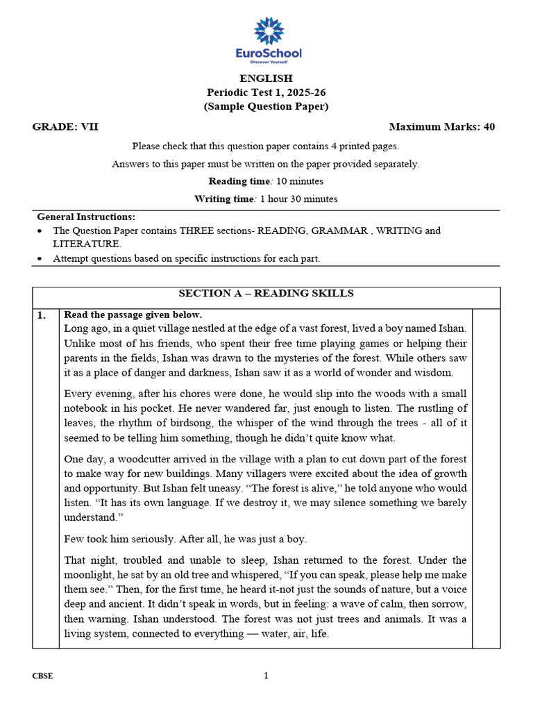 English CBSE Grade 7 PT1 QP | PDF