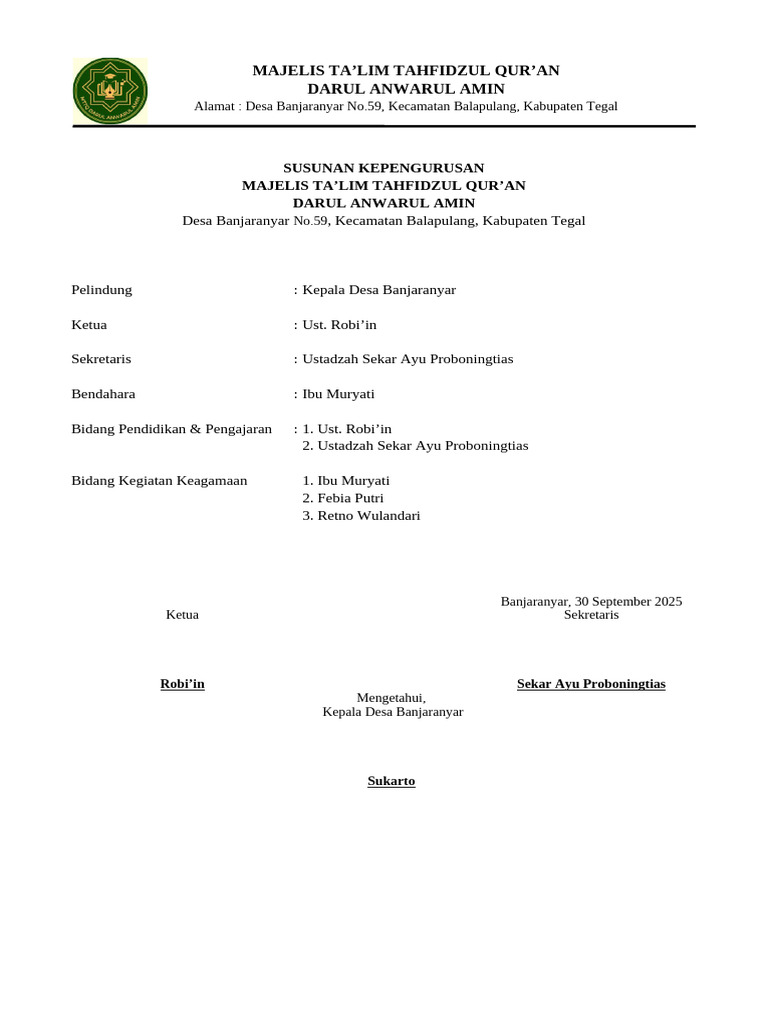 Struktur Pengurus Majelis Ta'lim Darul Anwarul Amin | PDF