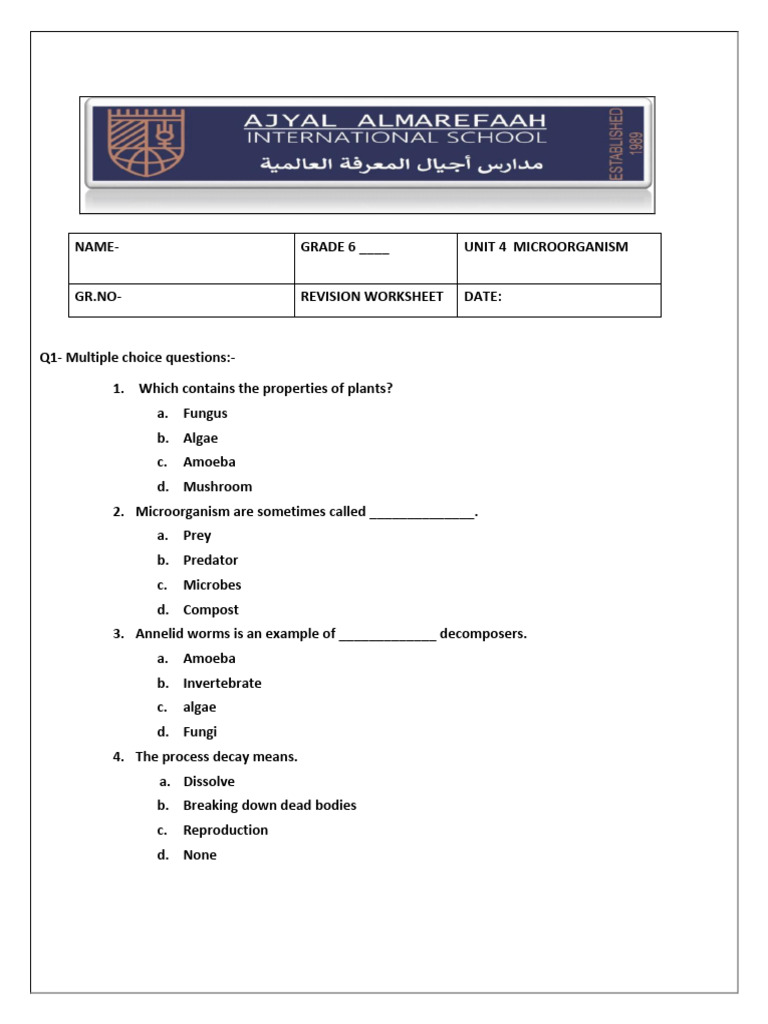 Grade 6 Microorganism Revision Worksheet | PDF | Microorganism | Foods