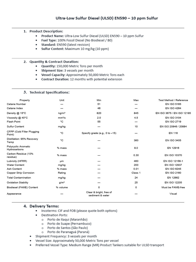 ULSD EN590 10 ppm Diesel Specifications | PDF | Diesel Fuel | Chemical ...