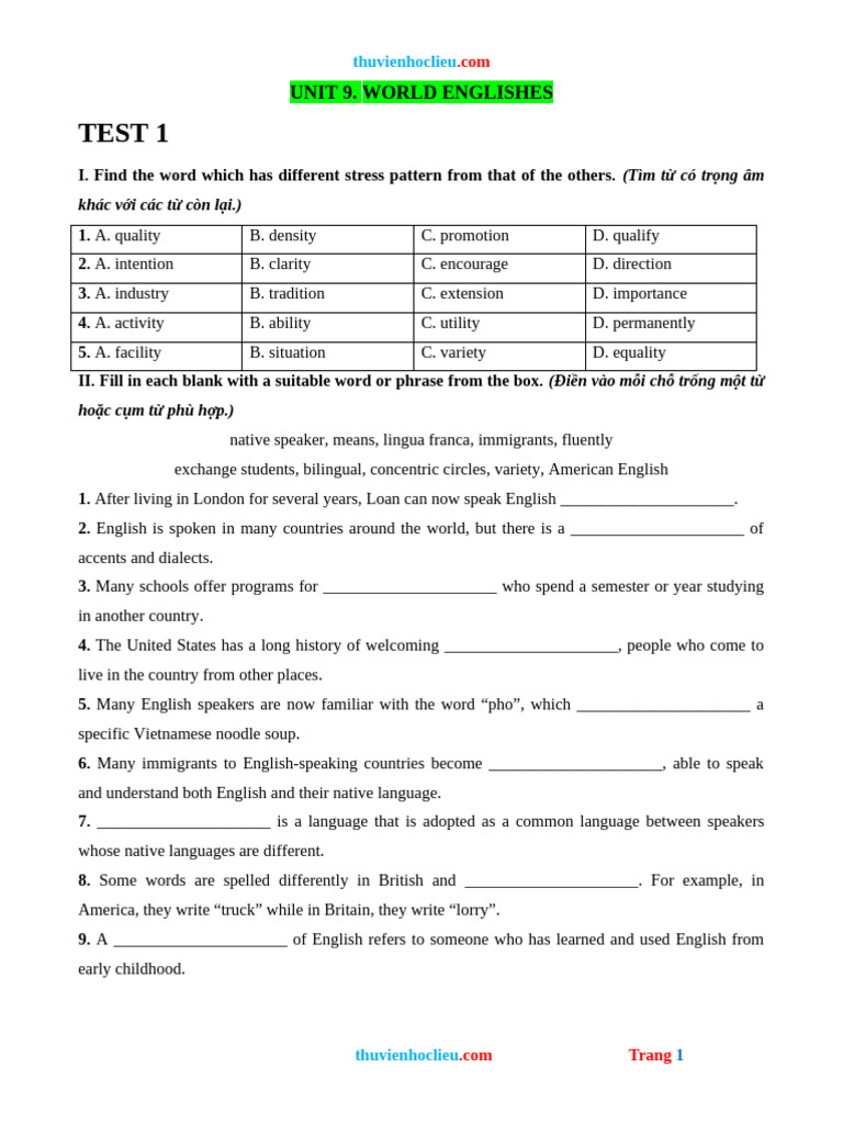 World Englishes Unit 9 Test 1 | PDF | English Language | Multilingualism