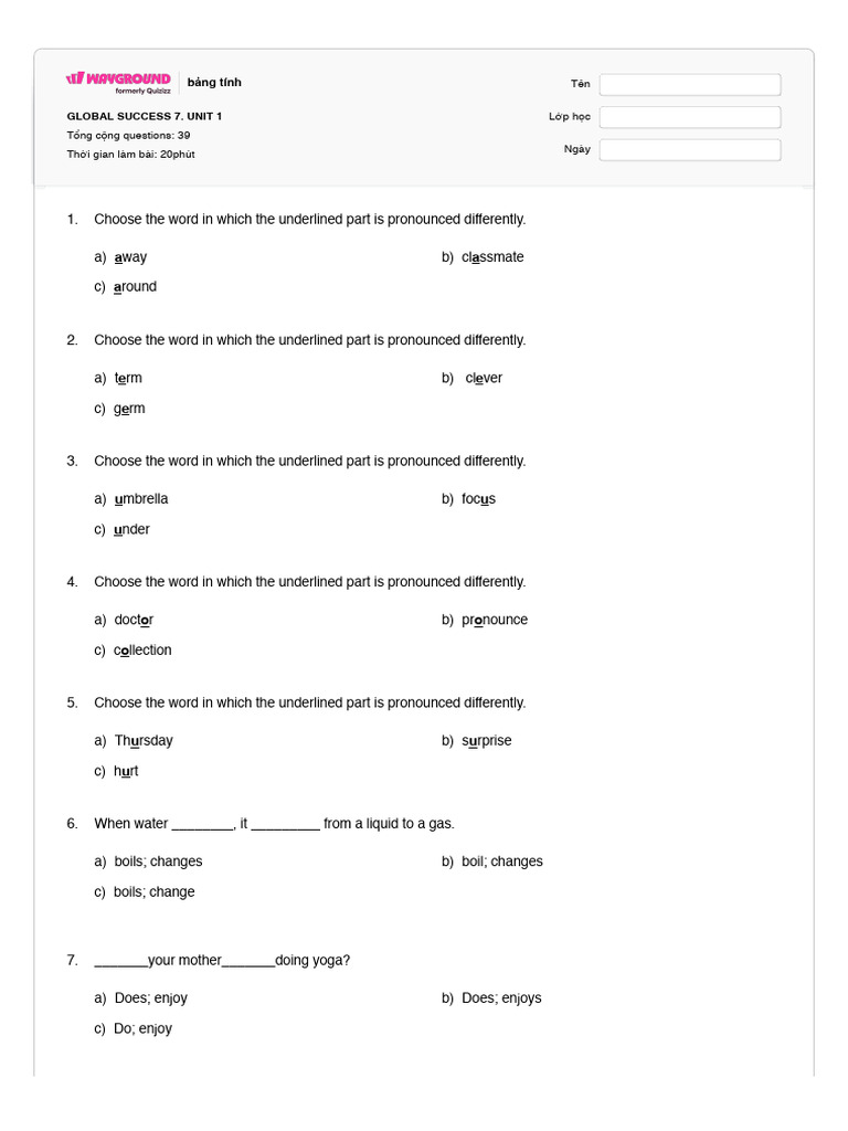 Global Success 7 Unit 1 Practice Questions | PDF | Scale Modeling ...