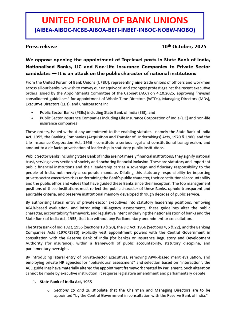 UFBU Protests SBI Leadership Privatization | PDF | Reserve Bank Of India