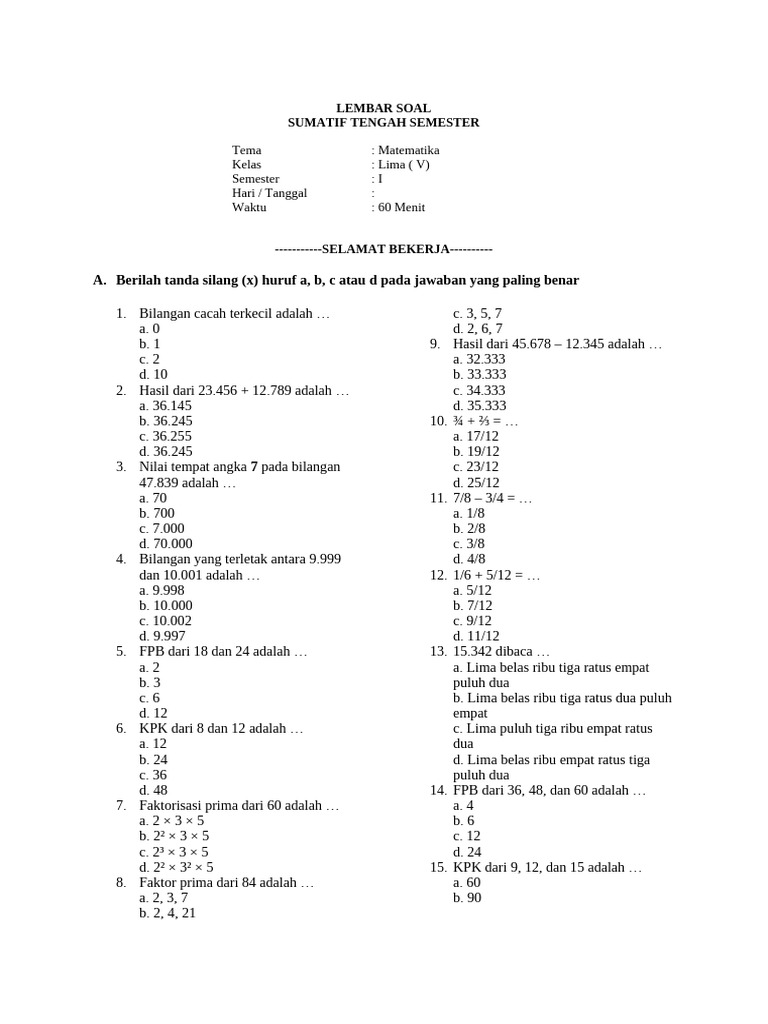 Soal Sts Semester 1 MTK | PDF