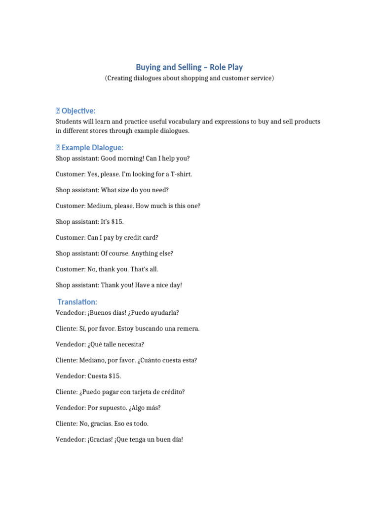 Buying and Selling Role Play Guide | PDF