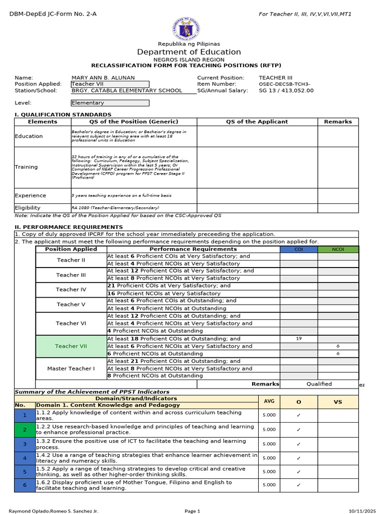 RFTP for Teacher VII Reclassification | PDF | Educational Assessment ...