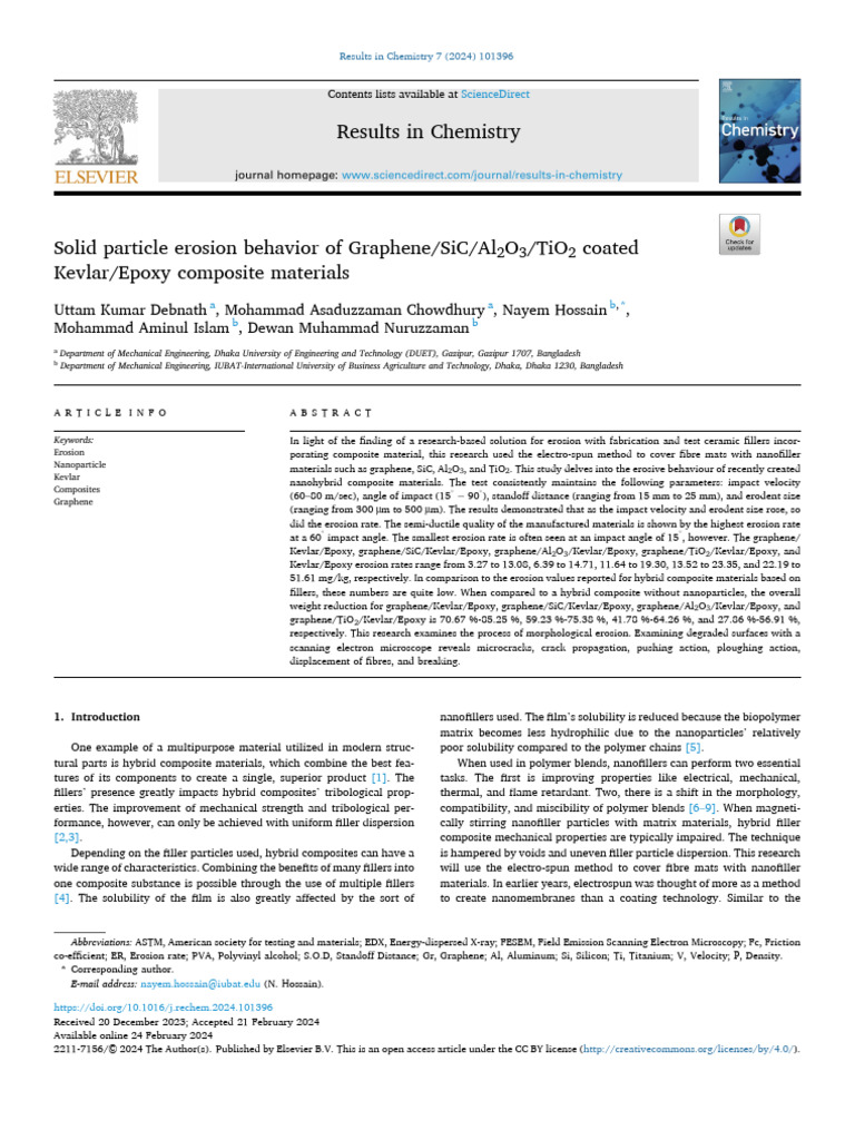 Solid Particle Erosion Behavior of GrapheneSiCAl2O3TiO2 Coated Kevlar ...