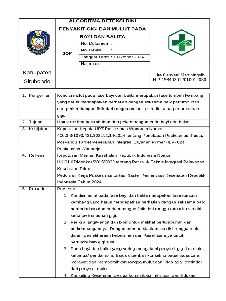Sop Algoritma Deteksi Dini Penyakit Gigi Dan Mulut Pada Bayi Dan Balita ...
