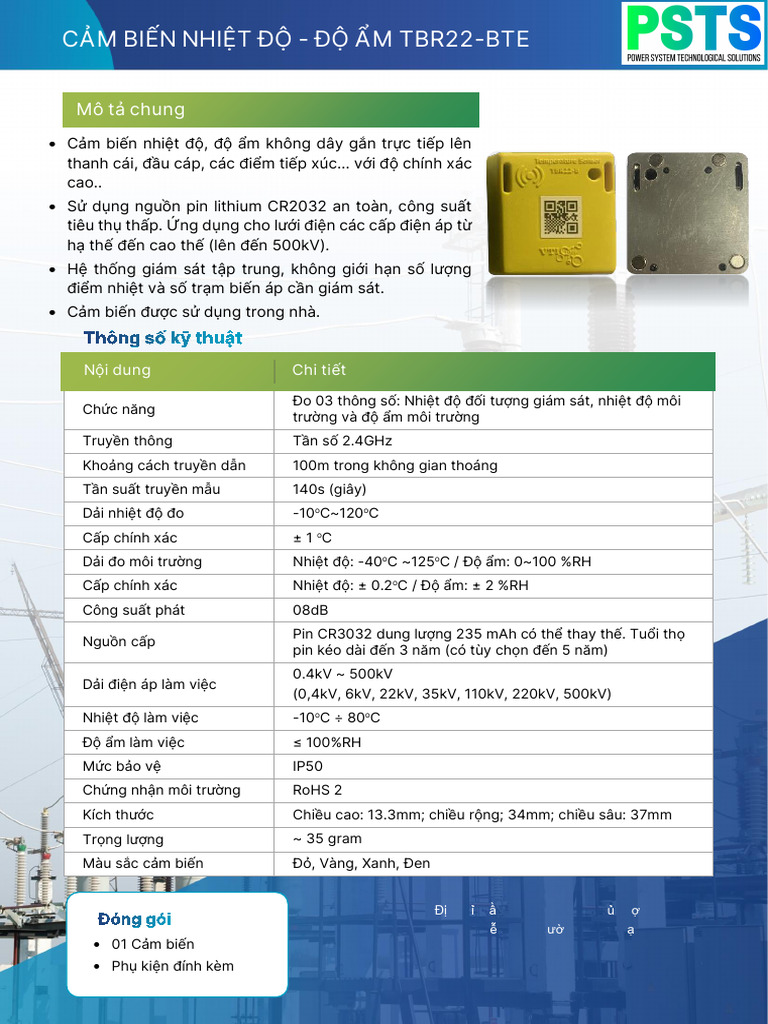 Thông Số Kỹ Thuật - Cảm Biến Nhiệt Độ Không Dây - TBR22-BTE | PDF