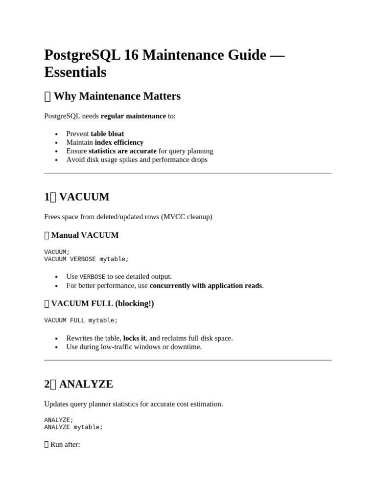 PostgreSQL 16 Maintenance Guide | PDF | Postgre Sql | Database Index
