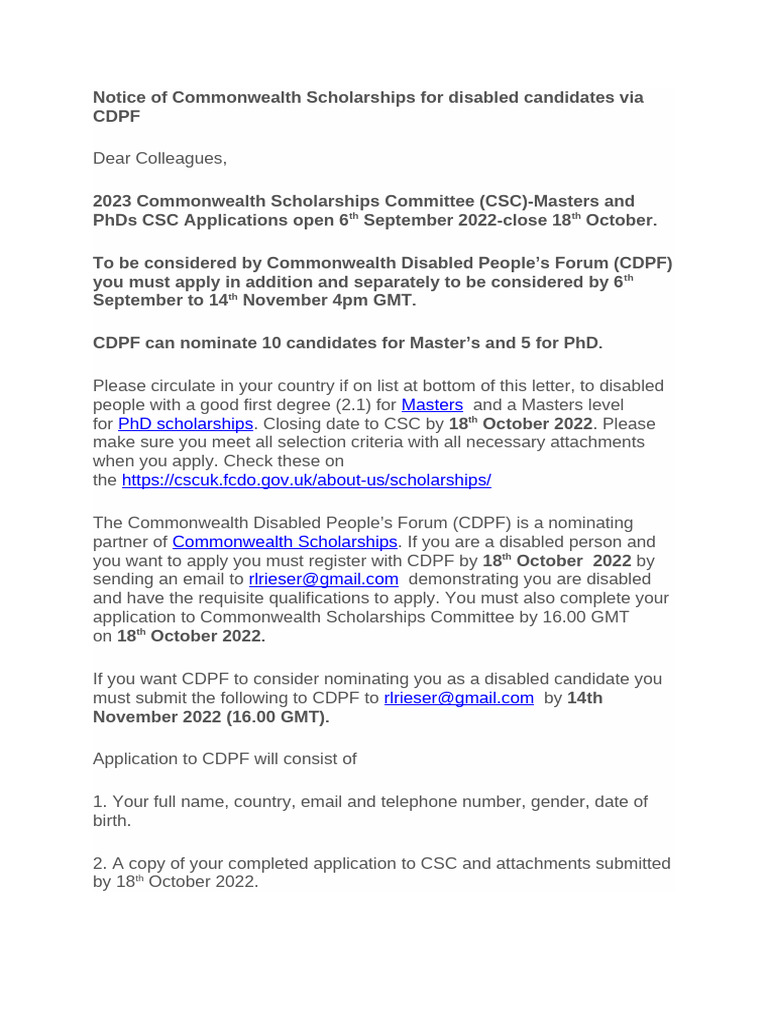Notice of CSC Scholarships For Disabled Candidates Via CDPF | PDF ...