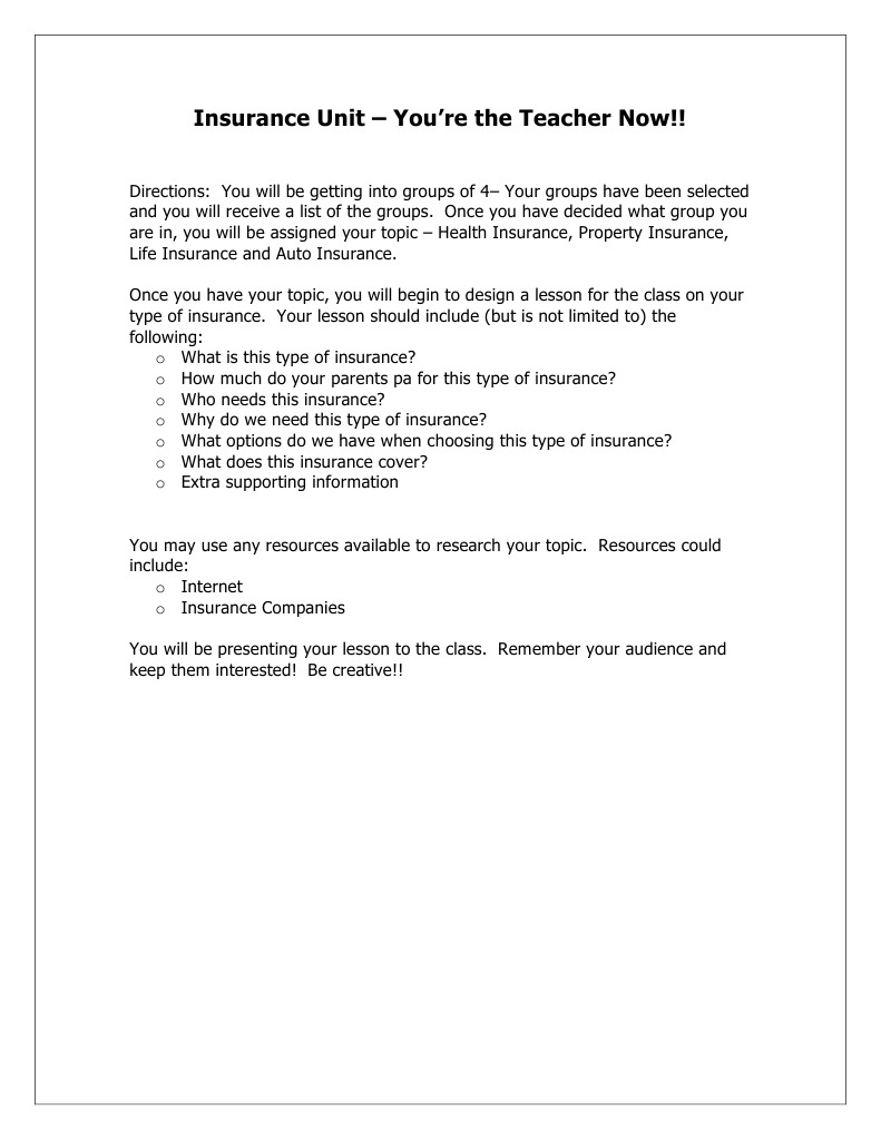 Insurance Lesson Project Guidelines | PDF