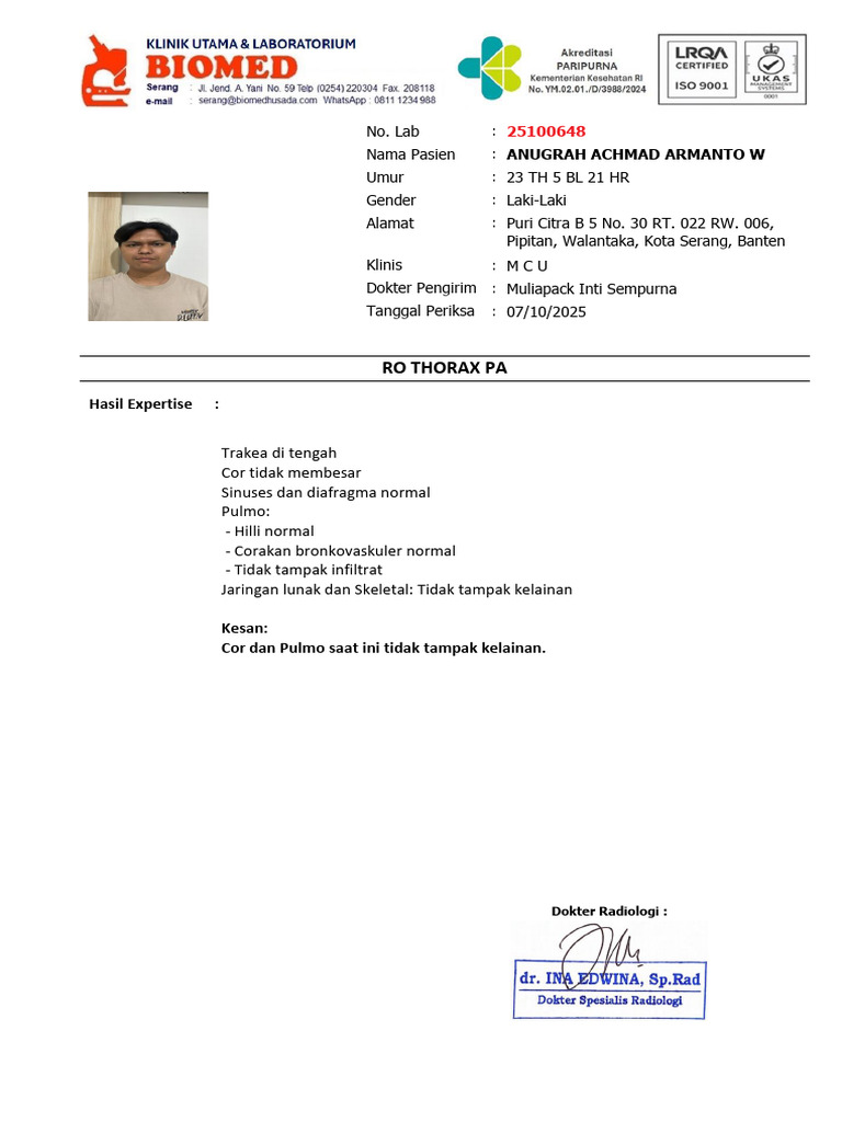 Hasil Rontgen Thorax Pasien 23 Tahun | PDF