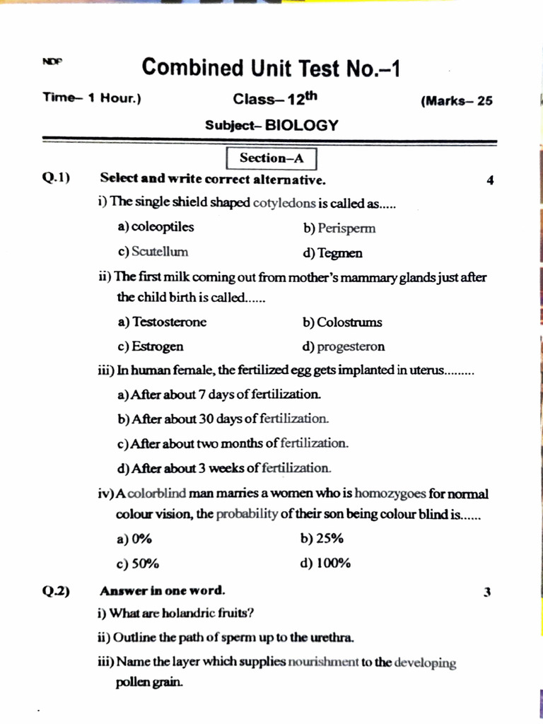 Class 12 Biology Unit Test Questions | PDF | Fertilisation | Seed