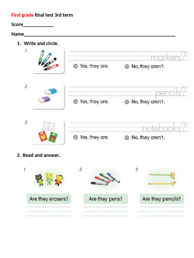 First Grade Final Test 3rd Term | PDF