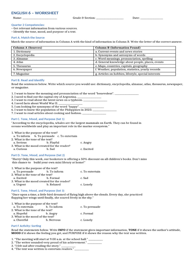 English6 Q2 SourcesofInfo ToneMoodPUrpose Worksheet | PDF