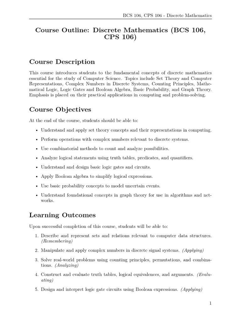Discrete Mathematics - Course Outline | PDF | Discrete Mathematics | Mathematics