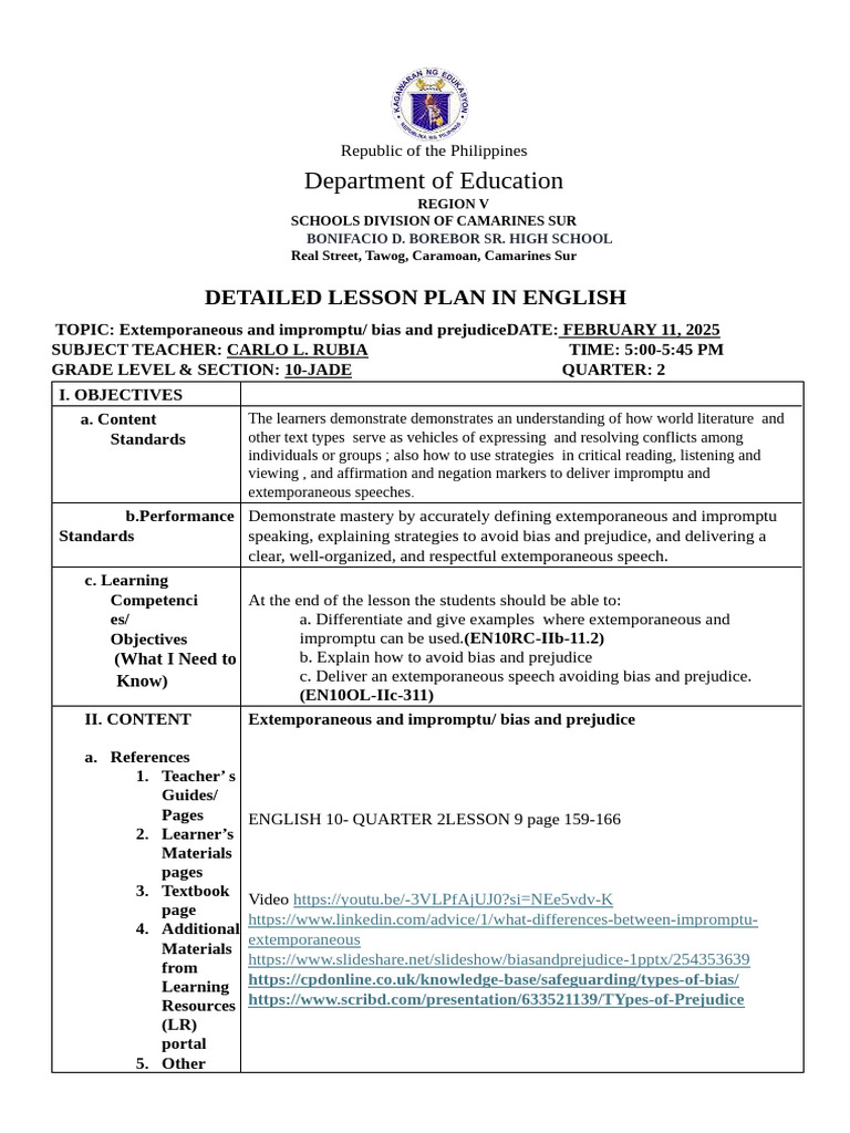 Lesson Plan: Extemporaneous Speaking Skills | PDF | Bias | Prejudices