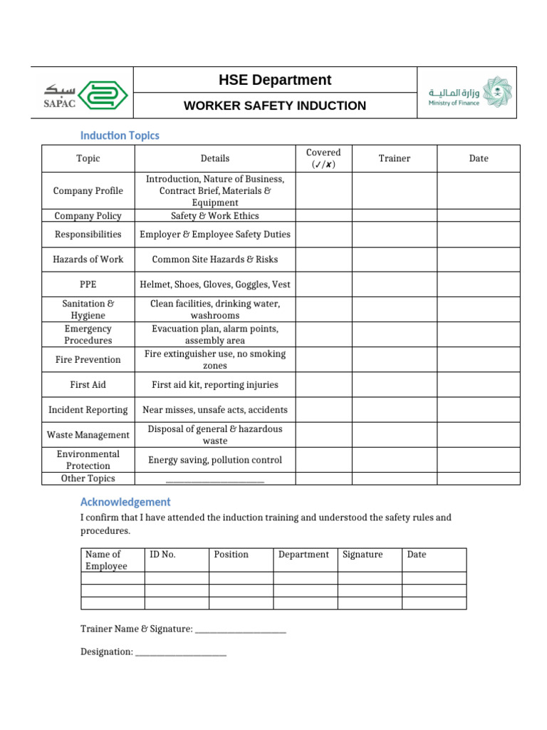Worker Safety Induction Format | PDF